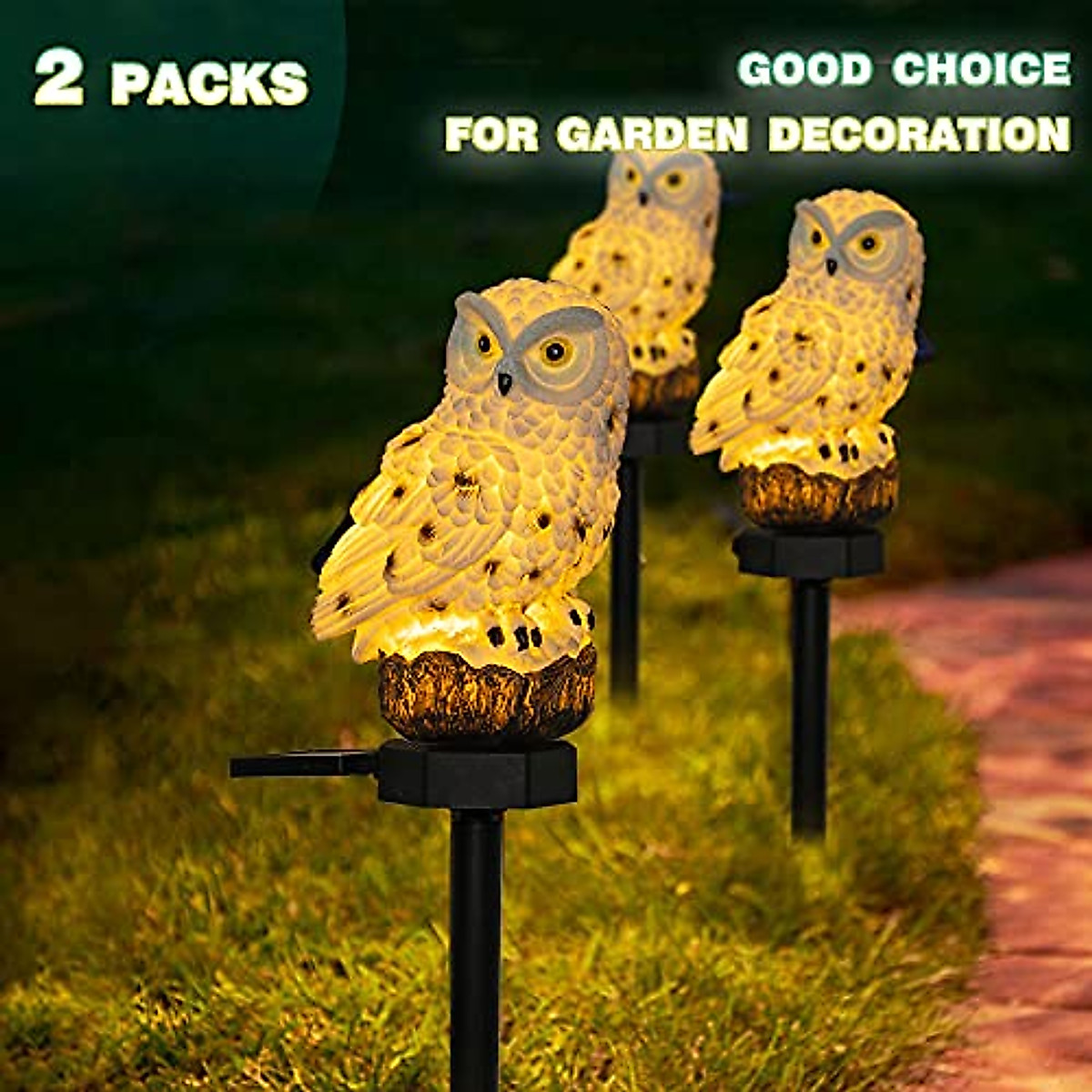 DAZZLE BRIGHT 2 Pack Owl Figure Solar LED Lights, Resin Garden Waterproof Decorations with Stake for Outdoor Yard Pathway Outside Patio Lawn Decor to Scare Birds Away