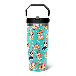 Corgi Gifts Corgi Tumbler with Handle and Straw, Stainless Steel Vacuum Insulated Flip Straw 30 oz Corgi Tumbler, Spill Proof Coffee Travel Mug Corgi Gifts for Corgi Lovers