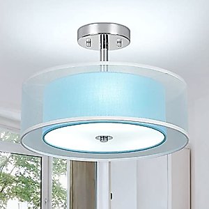 DLLT 3-Light Semi Flush Mount Ceiling Light Fixture, 15'' Blue Drum Light Ceiling Hanging with Double Fabric Shade, Modern Close to Ceiling Lamp for Living Room Bedroom Kitchen Dining Room Entry Foyer