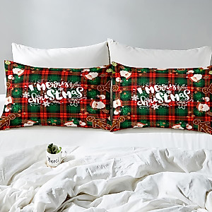 Christmas Duvet Cover Queen,Cartoon Santa Claus Snowman Bedding Set for Adult,Red Green Grid Checkered Comforter Cover,Snowman Snowflake Bells Quilt Cover with 2 Pillow Shams Bedroom Decor