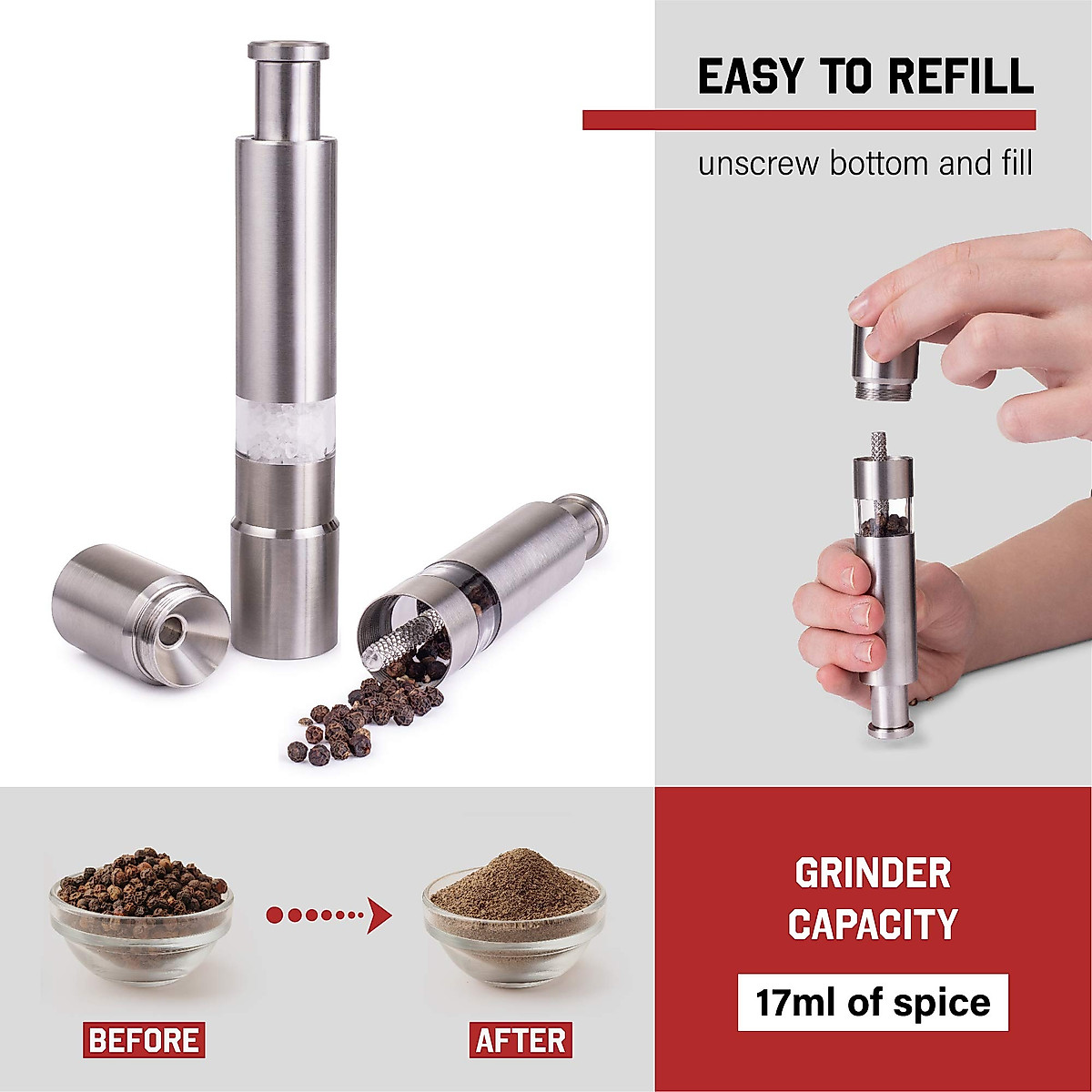 Click n’ Spice Salt and Pepper Grinder Set, Spice Grinders, Salt and Pepper Mill, Shaker, Thumb Press, Stainless Steel, 2 Pack