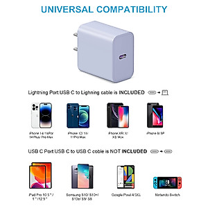 [3 Pack] USB C Wall Charger, iPhone Charger Block 20W PD Power Adapter Compatible iPhone 15/15Pro/15Pro Max/15Plus/14 13 12 11 Pro Max/Pro/Mini/Xs/XR/X, iPad Pro/Mini - Purple