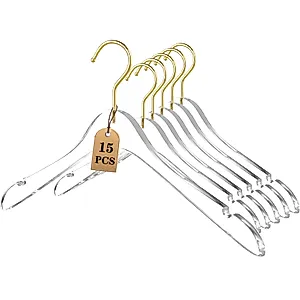 Besser 15 Pack Acrylic Hangers with Gold,Acrylic Clear Hangers,Premium Crystal Dress Hangers Swivel Gold Hook Luxurious Shiny Clothes Hangers(Clear-Style B)