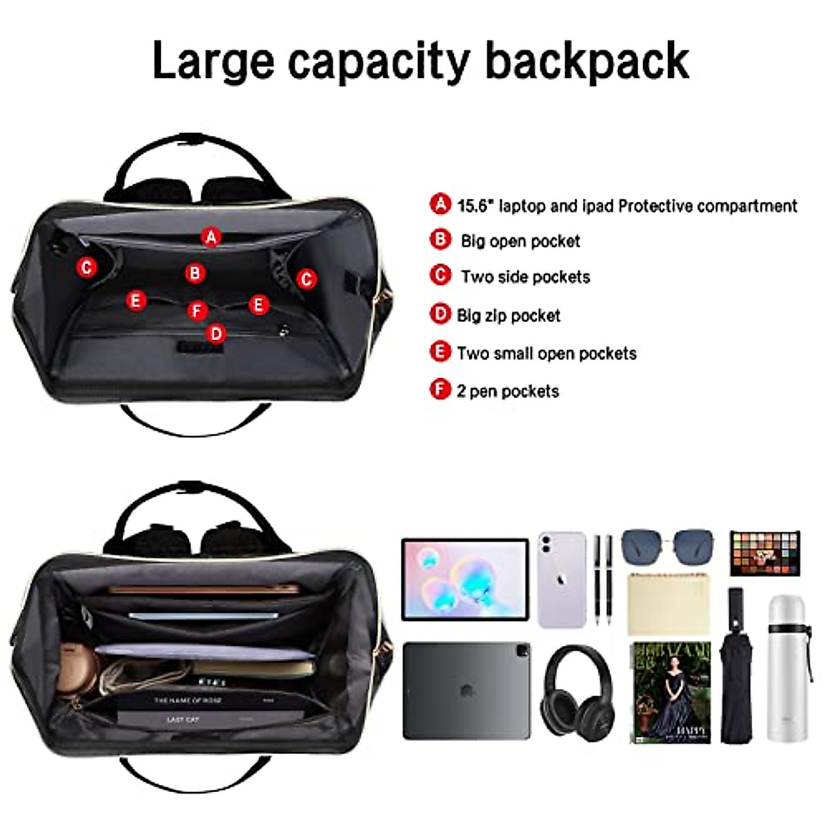 LGEVOEOER Laptop Backpack for Women 15.6inch, Black Teacher Backpack Nurse Bags Waterproof Computer Bookbags for College School Work with USB Charging Port