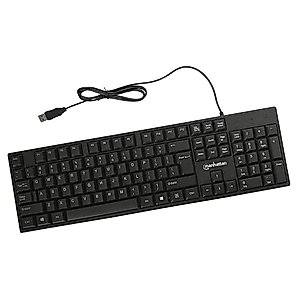 Manhattan Wired Computer Keyboard – Basic Black Keyboard - with 4.5ft USB-A Cable, 104-keys, Foldable Stands - Compatible for Windows, PC, Laptop - 3 Yr Mfg Warranty – 179324