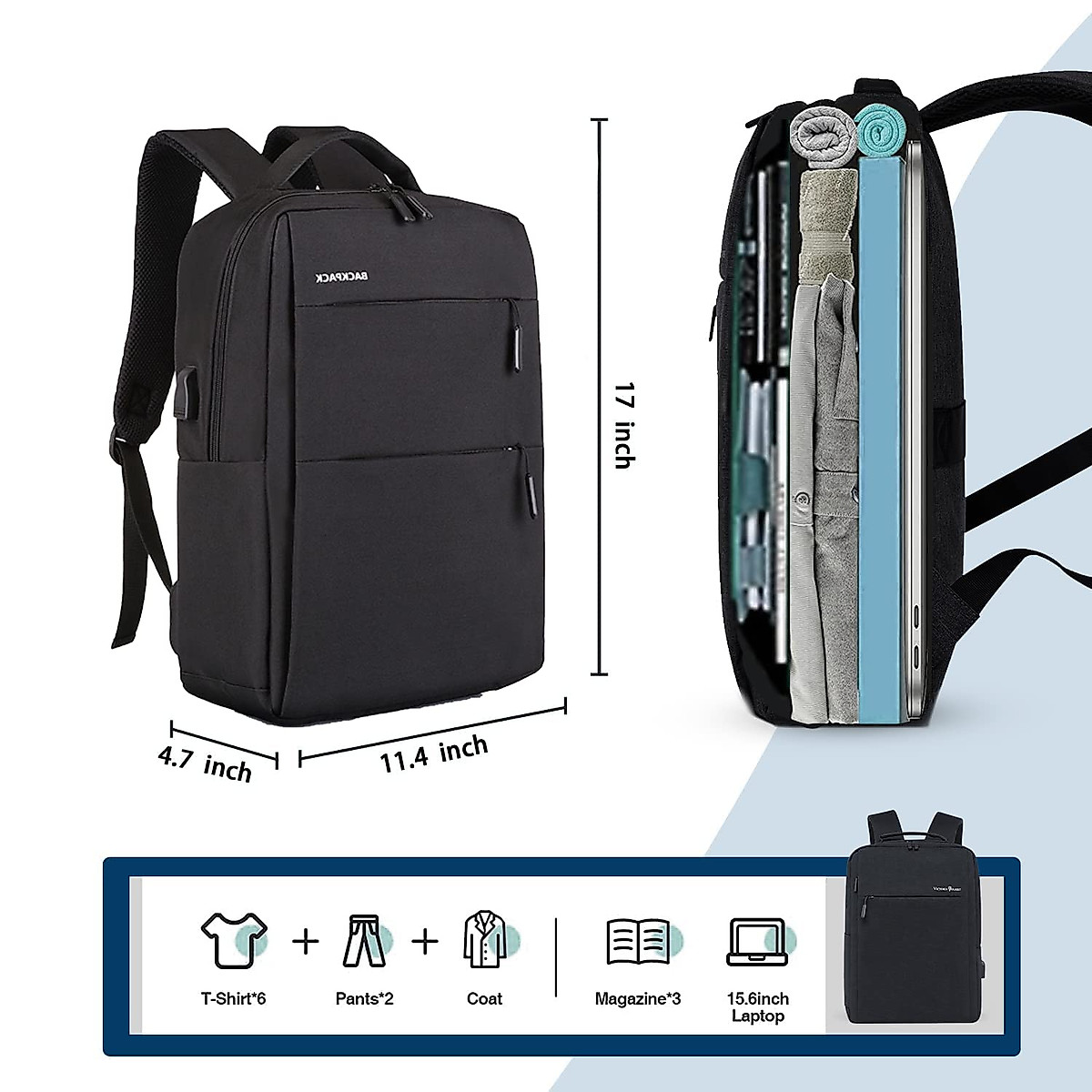 Laptop Backpack, Laptop Backpack 15.6 inch,Durable Business Travel Laptops Backpack with USB Charging Port, Water Resistant College School Computer Bag Gifts for Men & Women Fits Notebook, Black