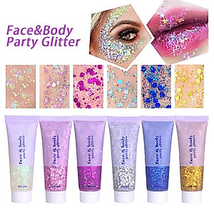 3 Colors Face and Body Glitter Gel,Holographic Cosmetic Laser Powder Festival Glitter Makeup,Sequins Shimmer Liquid Eyeshadow,Singer Concerts Music Festival Rave Accessories-150ML (White+Pink+Blue)