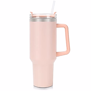 Kerykwan 40oz Tumbler with Handle Insulated Stainless Steel Travel Coffee Mug with Straw&Lid Large Water Bottle Cup for Hot&Cold Beverages (Pink)