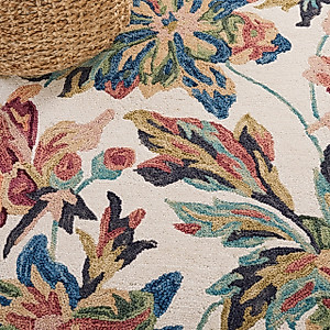 SAFAVIEH Blossom Collection Area Rug - 6' Square, Ivory & Plum, Handmade French Country Floral Wool, Ideal for High Traffic Areas in Living Room, Bedroom (BLM467A)