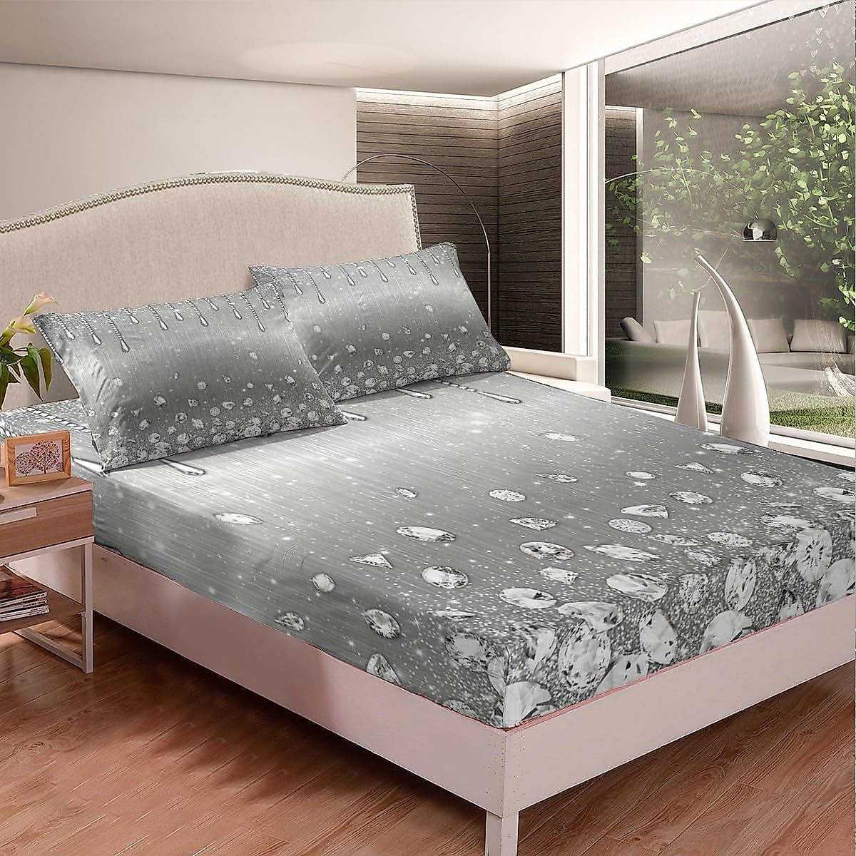 Geometric Ombre Stripes Fitted Sheet Full Size,Silver Glitter Sequin Diamond Bedding Set,Kids Girls Boys Adults Room Decor,Princess Dreamy Bed Cover,Gray Romantic Bed Sheet,2 Pillowcases