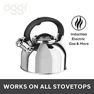 OGGI Tea Kettle for Stove Top - 64oz / 1.9lt, Stainless Steel Kettle with Loud Whistle, Ideal Hot Water Kettle and Water Boiler - Silver Mirror