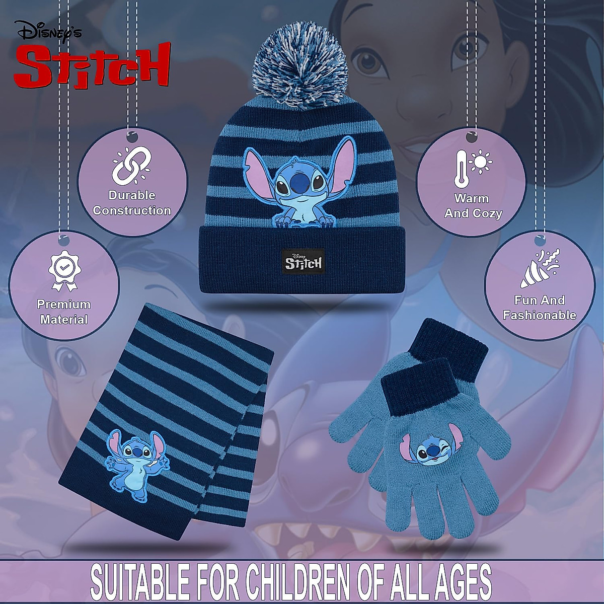 Disney Lilo and Stitch Kids Beanie Hat and Glove Set for Girls – Blue Stitch Hat for Girls Ages 5-13