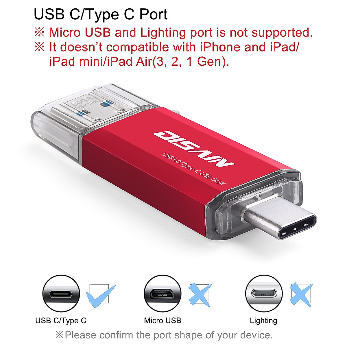 USB C Flash Drive, DISAIN 64GB USB C Thumb Drive (USB A 3.0/USB C 3.0), 2 in 1 OTG Type C Flash Drive for USB C Smartphones, Tablets, PC
