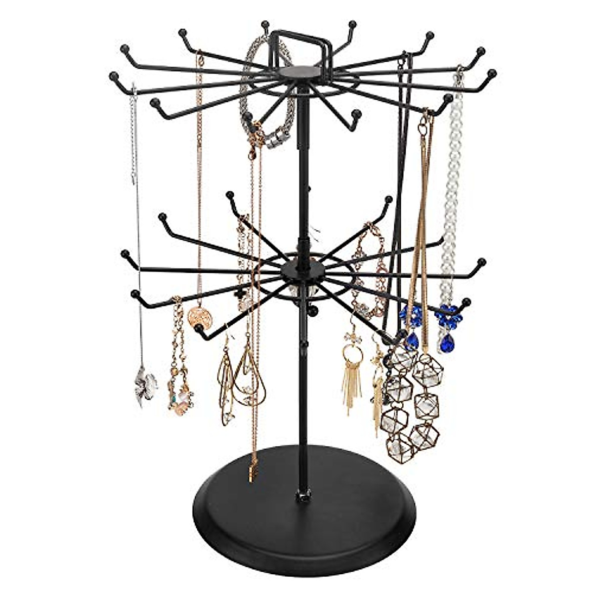 MyGift 2 Tier Black Metal Rotating Necklace and Bracelet Organizer Jewelry Stand with 24 Hooks, Multipurpose Accessory and Keychain Spinning Display Rack with Top Handle Card Holder