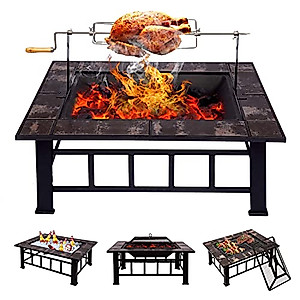 KOIECETA 37 Inch Multifunctional Fire Pits for Outside,Marble Tile Square Tabletop firepit,Backyard Garden Fireplace for Outdoor Heating, Camping,Campfires and BBQ…