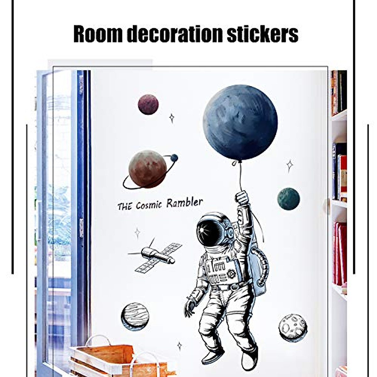 Astronaut Wall Mural Decals,3D Planet Universe Galaxy Outer Space Wall Stickers, Peel and Stick Removable Space Capsule Window Wall Stickers for Kids Nursery Bedroom Living Room (Space Walker)
