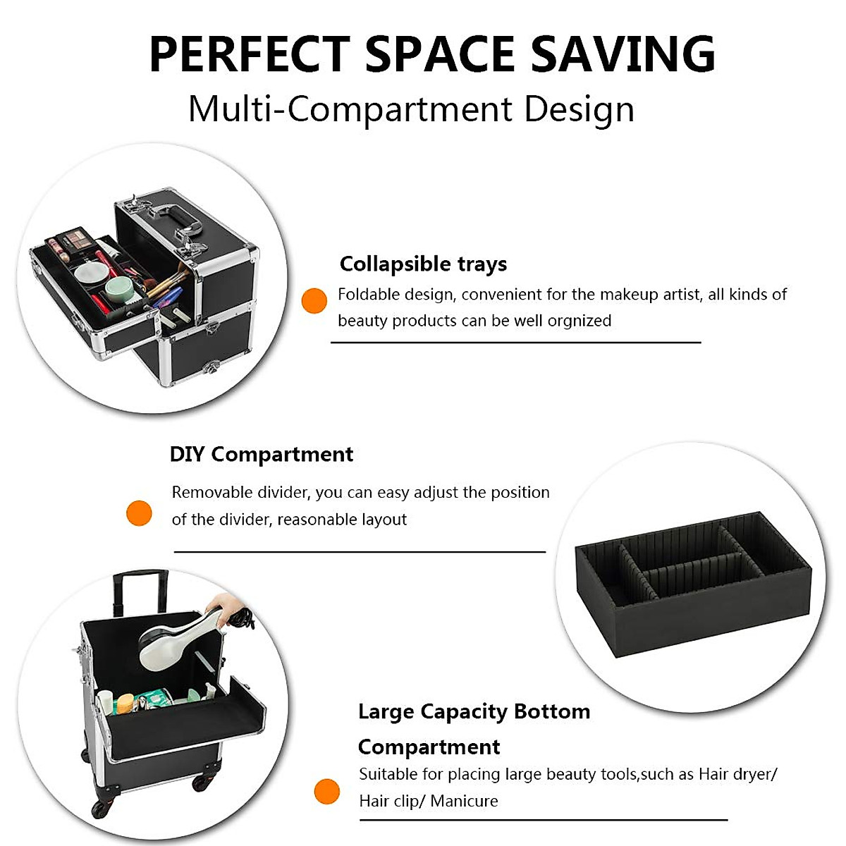 mefeir 3 in 1 Rolling Makeup Train Case, Aluminum Makeup Travel Organizer Cosmetic Case, Cosmetology Display Suitcase on Wheels, Beauty Storage Luggage Lockable w/4 Removable Wheels, Black