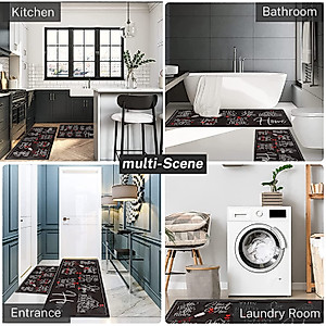 Tayney Black Kitchen Rugs and Mats Non Skid Washable Set of 2, Red Love Heart My Sweet Home Kitchen Runner Rug, Modern Phrase Doodle Under Sink Mats for Kitchen Floor Decor