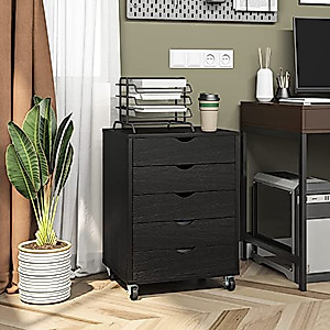YITAHOME 5 Drawer Chest, Mobile File Cabinet with Wheels, Home Office Storage Dresser Cabinet, Black