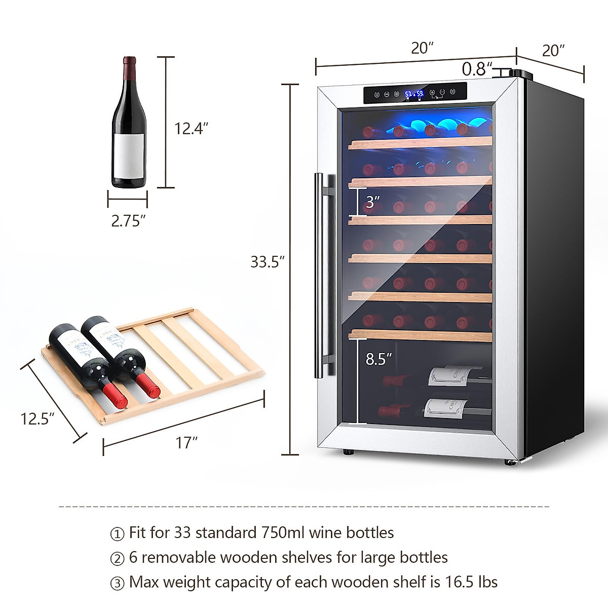 KOTEK 33 Bottle Wine Fridge, Freestanding or Under Counter Wine Cellar w/Wooden Removable Shelves for Red, White & Champagne, 41-64.5°F Digital Temperature Control, Wine Cooler Refrigerator for Home