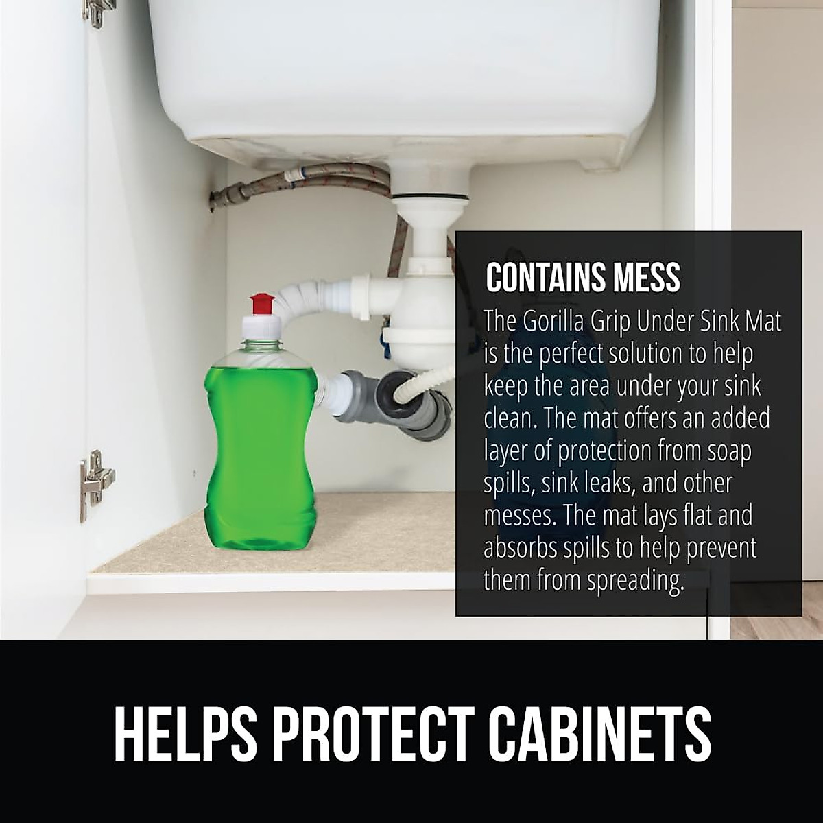 GORILLA GRIP LeakGuard Non-Adhesive Under Sink Mat for Kitchen Cabinet, Waterproof Quick Dry Shelf Liner, Durable Absorbent Felt Mats for Bathroom Sinks, Cabinets, Dresser, Easy to Trim, 24x30 Beige