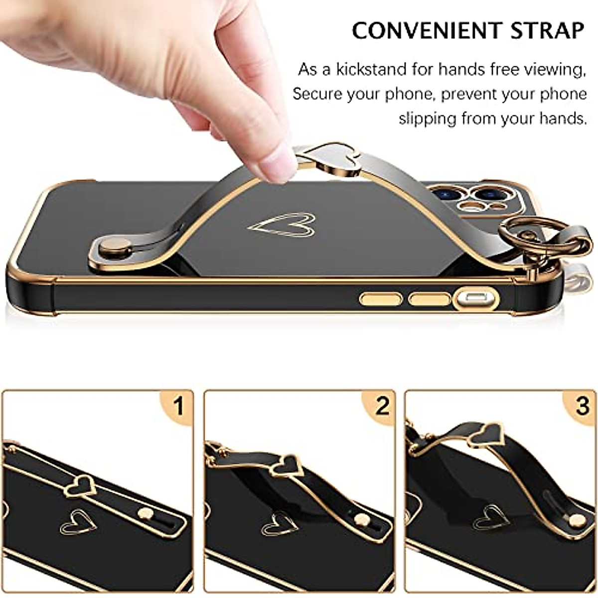 Telaso iPhone 11 Love Heart Case - Cute Wristband Kickstand & Soft TPU Bumper for Girls & Women - Black