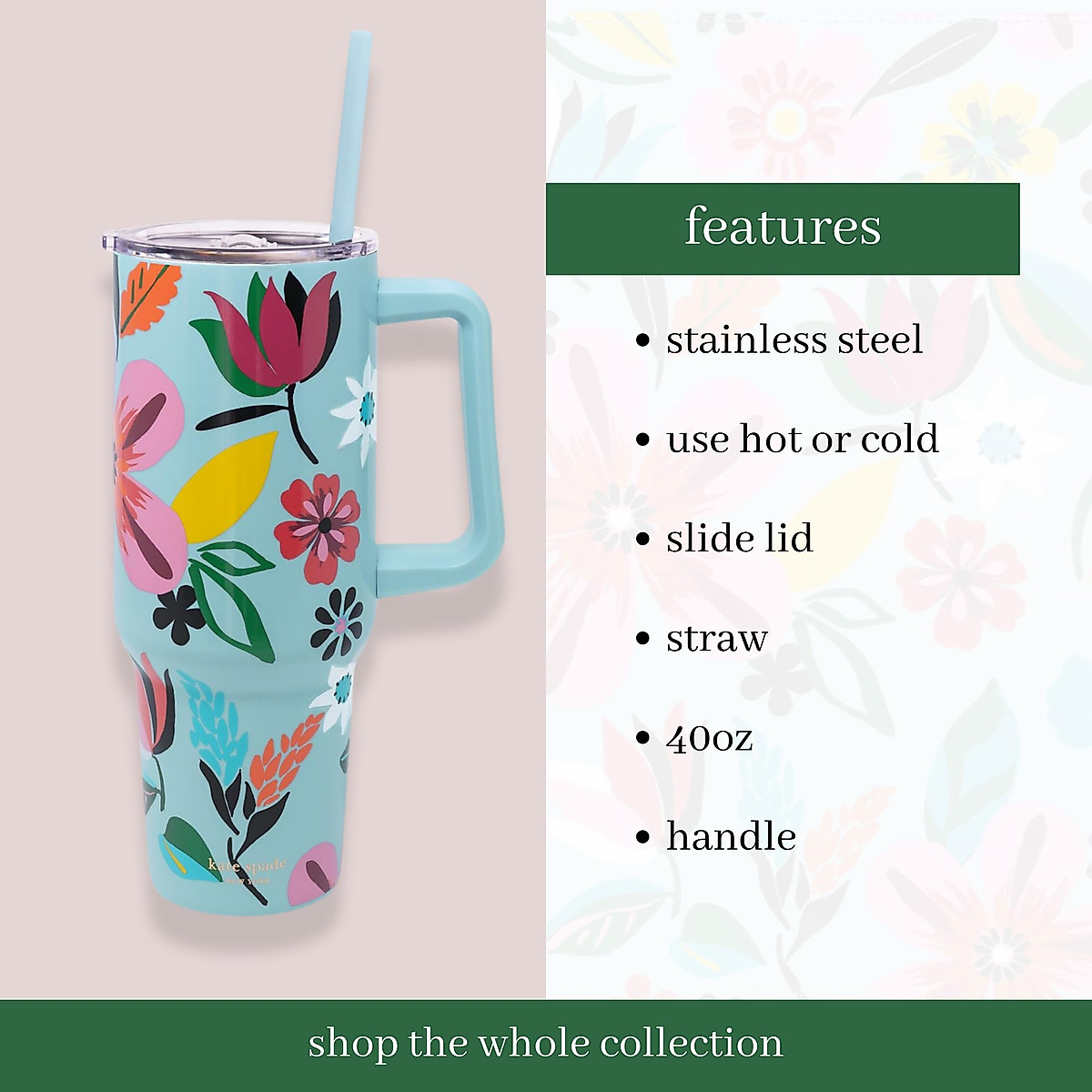kate spade new york 40 Ounce Tumbler with Handle and Straw, Double Wall Stainless Steel Insulated Cup, Cupholder Friendly 40 oz Cup, Metal Drinking Cup for Hot or Cold Drinks (Safari Floral)