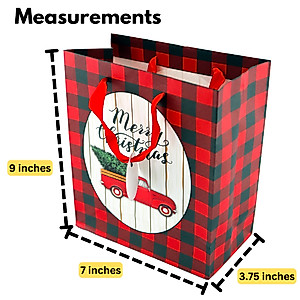 Iconikal Medium Size Christmas Gift Bags, Red Buffalo Plaid with Red Truck, 10-Count Set