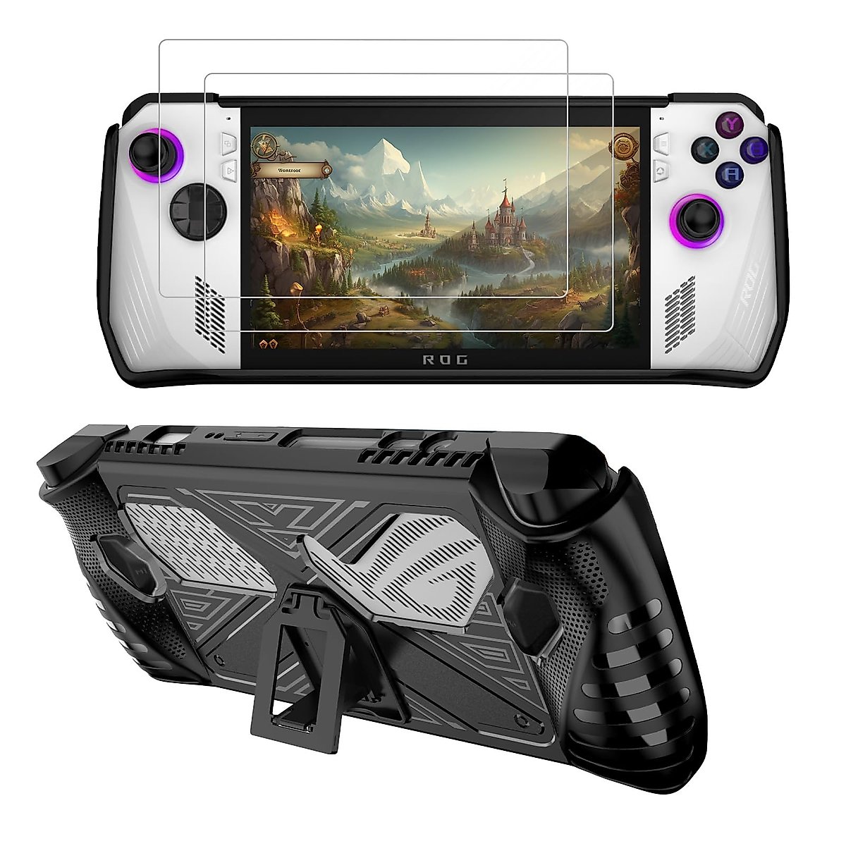 PAKESI Protection Case for ASUS ROG Ally - Rugged TPU with Built-in Stand for Game Handheld Console - Anti-Drop Shockproof Shell with 2 Pack Screen Protector (Black)