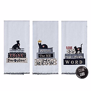 18TH STREET GIFTS Cat Kitchen Towels, Set of 3 Embroidered Dish Towels and Dishwasher Magnet - Cat Kitchen Accessories