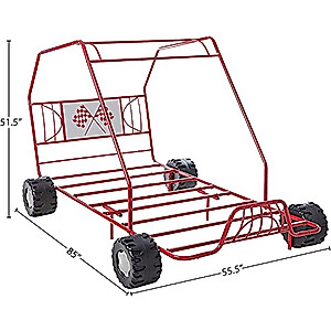 AOCHUANG Metal Twin Car Bed Gunmetal Go Kart Bed, Twin Size Bed Frame with A Racing Flag Decor Headboard/Metal Tube Slat Support/No Box Spring Needed (Red Go Kart)