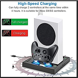 Joso Cooling Fan Vertical Stand for Xbox Series S, with Dual Controller Charging Station, Headset Stand, 1400mAh Rechargeable Battery Pack - Black