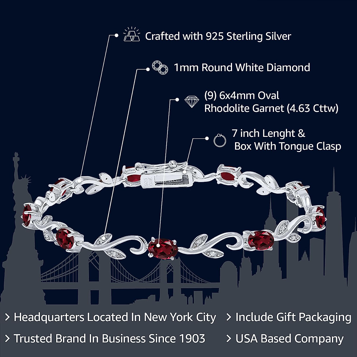 Gem Stone King 925 Sterling Silver Red Rhodolite Garnet and Diamond Greek Vine Tennis Bracelet For Women (4.63 Cttw, Gemstone Birthstone, Oval 6X4MM, 7 Inch)