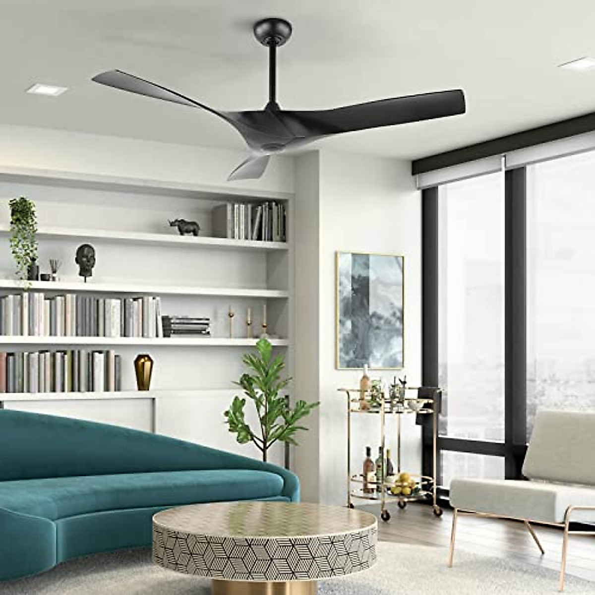 WINGBO 52" DC Ceiling Fan without Lights, Matte Black Ceiling Fan with Remote, 3 Curved ABS Blades, Noiseless Reversible DC Motor, Modern Ceiling Fan for Kitchen Bedroom Living Room, ETL Listed