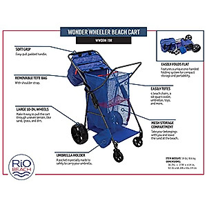Rio Brands Wonder Wheeler Deluxe Beach Utility Foldable Cart with Removable Storage Tote, Blue