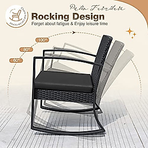 Greesum 3 Pieces Outdoor Furniture Set Patio Bistro Rocking Chairs with Glass Coffee Table for Pool Beach Backyard Balcony Porch Deck Garden, Black