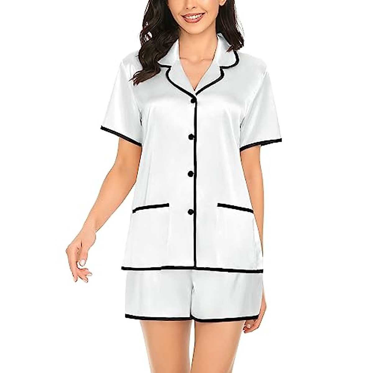 SWOMOG Womens Silk Satin Pajamas Set Two-piece Pj Sets Sleepwear Loungewear Button-Down Pj Sets White