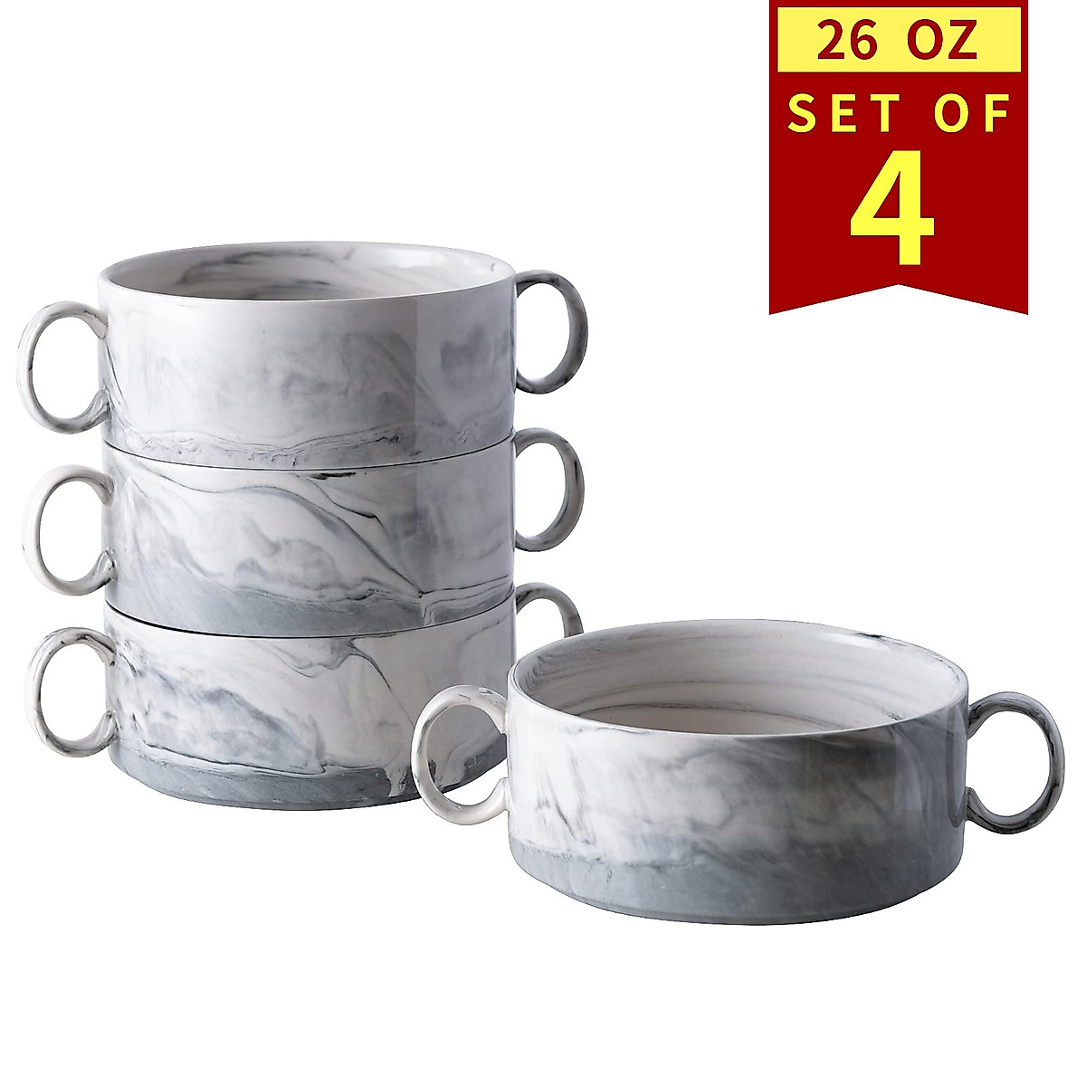 Yundu 26 Ounces Grey Marble Porcelain Bowls with Handles, French Onion Soup Bowls, Microwave and Oven Safe Bowls - Stackable Handled Bowls Set of 4