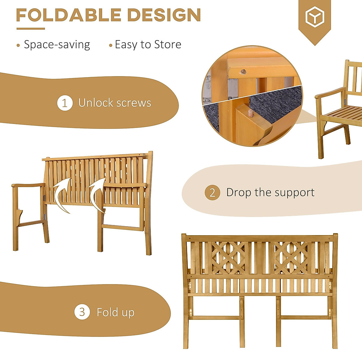 Outsunny 4FT Wooden Outdoor Garden Bench for 2, Portable Folding Loveseat 2-Seater Chair with Backrest, Armrests and Slat Seat, Natural