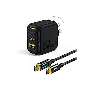 65W USB C Charger, AOHI 2 Ports 67W USB C GaN Charger Power Adapter, PPS Foldable Compact PD Fast Wall Charger with 4ft USB-C Display Cable for MacBook Pro/Air, iPhone 14, iPad Pro,Galaxy, Steam Deck