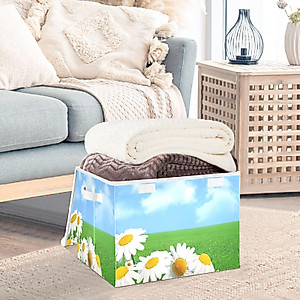 DIGTIA Field Of Daisies Storage Bins with Lids Green Meadow Foldable Storage Basket with Handles Collapsible Large Fabric Organizer Containers for Clothes Shelves Closet Office Home