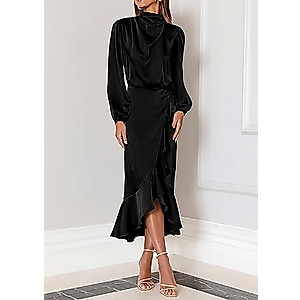 KIRUNDO Women's Fall Satin Mock Neck Wedding Guest Cocktail Midi Dress Long Sleeve Wrap Ruched Ruffle Formal Dresses(Black, Large)
