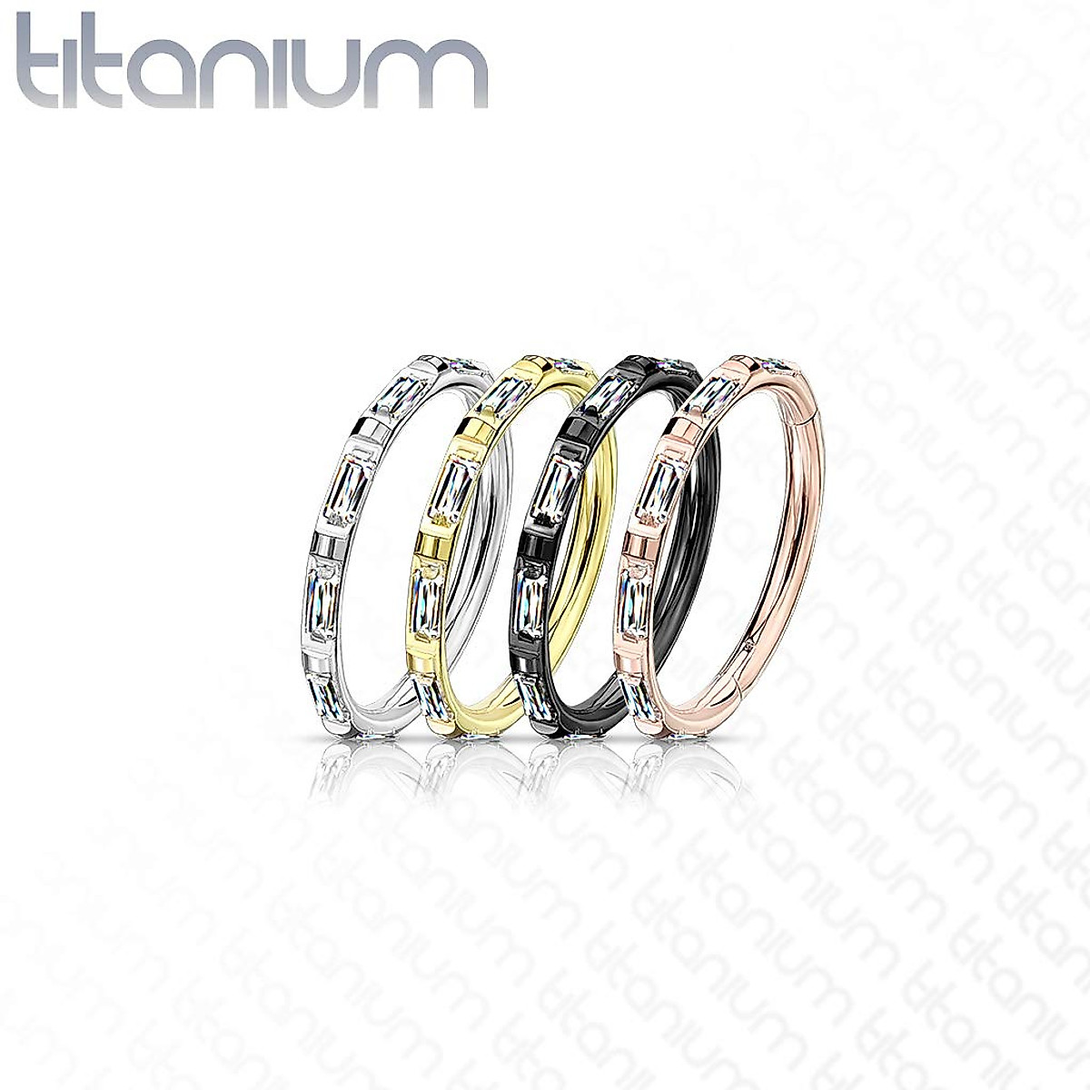 Amelia Fashion 16 Gauge Implant Grade Titanium Hinged Segment Hoop Rings with Rectangular Baguette CZ Outer side (Choose Color) (Black/Clear)