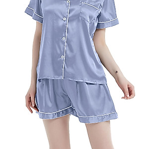 NANJUN Womens Silk Satin Pajamas Short Sleeve Sleepwear Bride Soft Button Down Loungewear 2 Piece Pjs Set XS-3XL(Y2K-Blue, M)