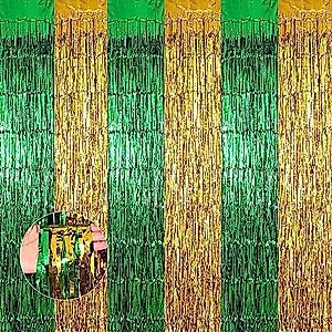 Peryiter 6 Pcs Backdrop Curtain 3.3 x 6.6 ft Glitter Tinsel Foil Fringe Curtains PET Fringe Curtain Backdrop Party Photo Backdrop Streamer Backdrop for Home Outdoor Party (Green, Gold)