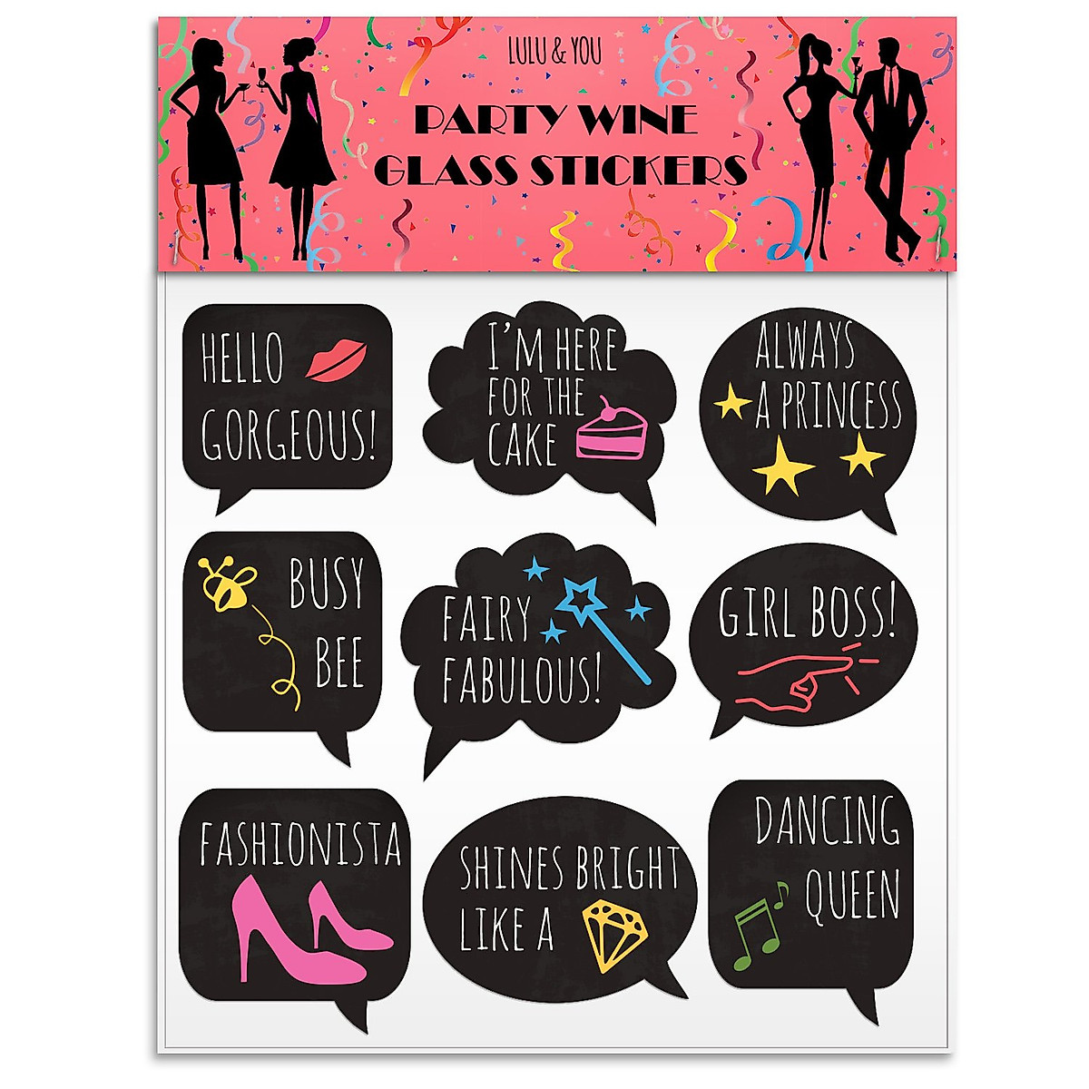 Funny Wine Glass Drink Markers - 18 Static Clings Reusable Glass Stickers - For Wine Tasting Party, Wine Gift and Favors