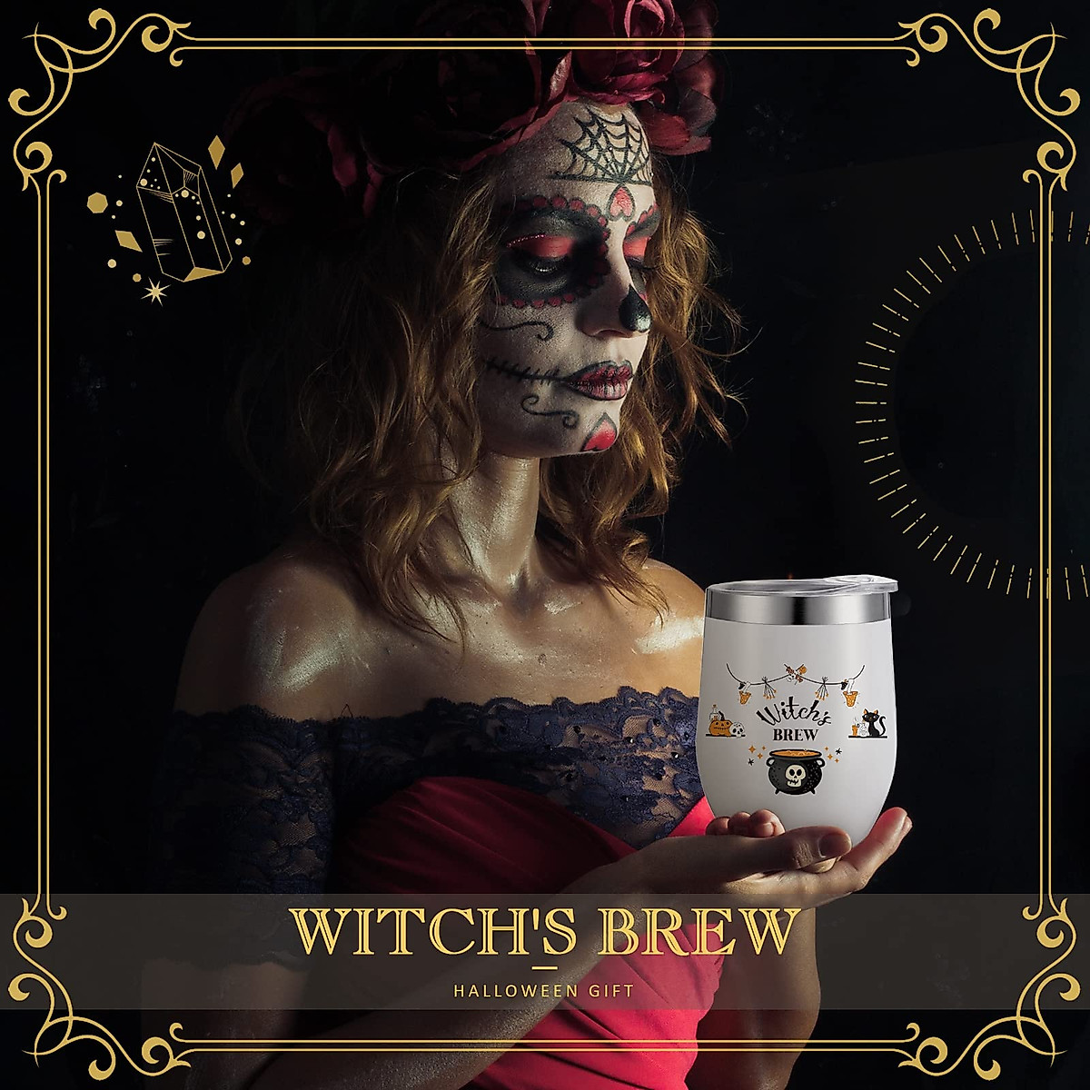 Geiserailie 4 Pieces Witch's Brew Halloween Wine Tumbler 12 oz Gift Mug Witch Room Decor for Witchcraft Women, Double Wall Vacuum Insulated Stainless Steel Coffee Mug with Lid Straw Brush