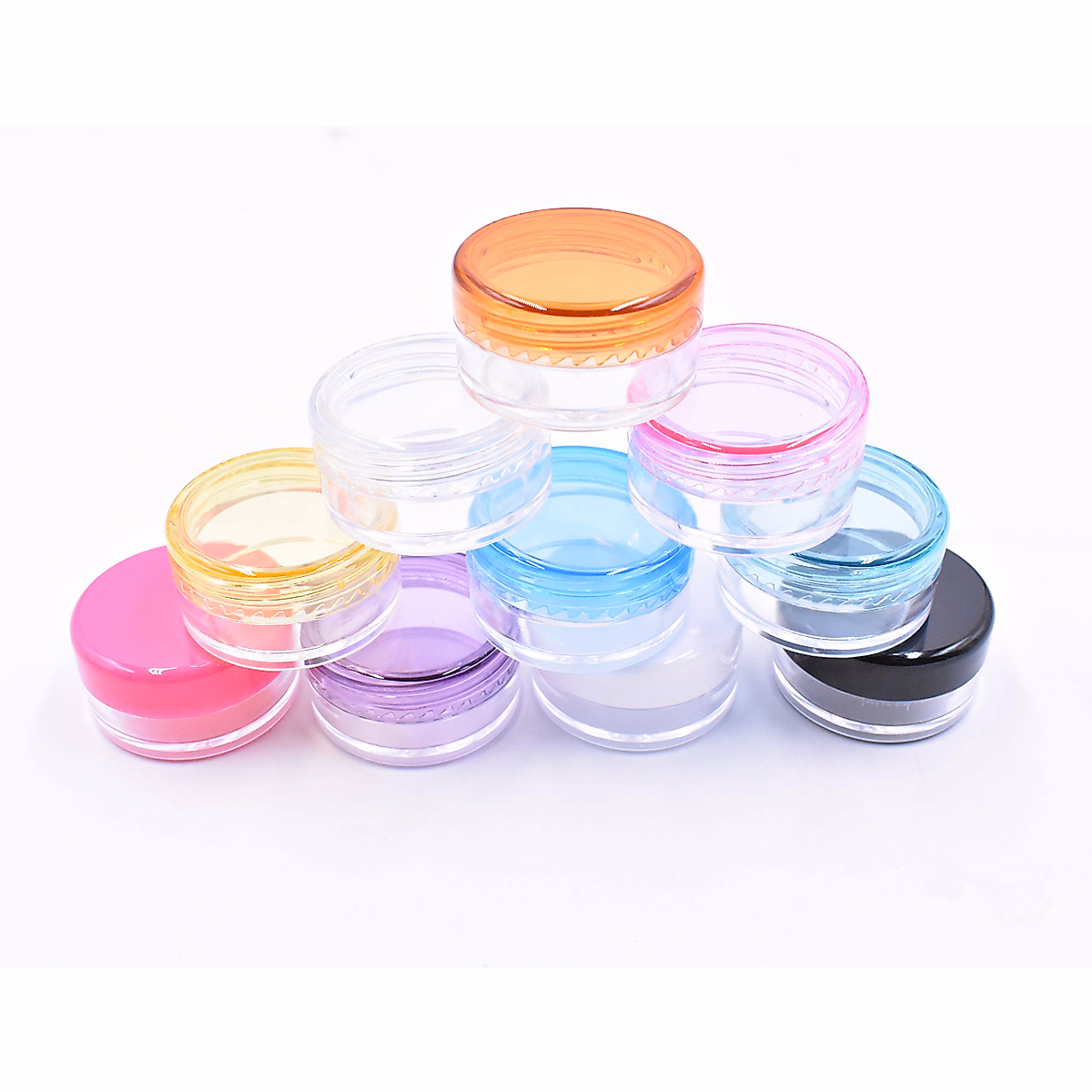 10 pack of 5 Gram Empty Cosmetic Containers, Round Cosmetic Sample Pots Jars Makeup Containers With Multi Color Top Lids Plastic Sample Eye Shadow, Nails, Powder, Gems, Jewelry, Cream