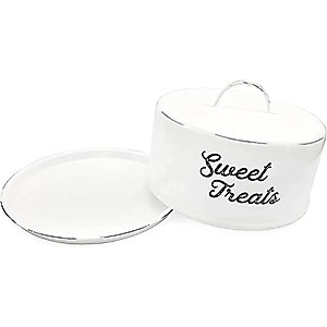 AuldHome Enamelware White Cake Cover; Rustic Decorative Cake Plate with Domed Lid