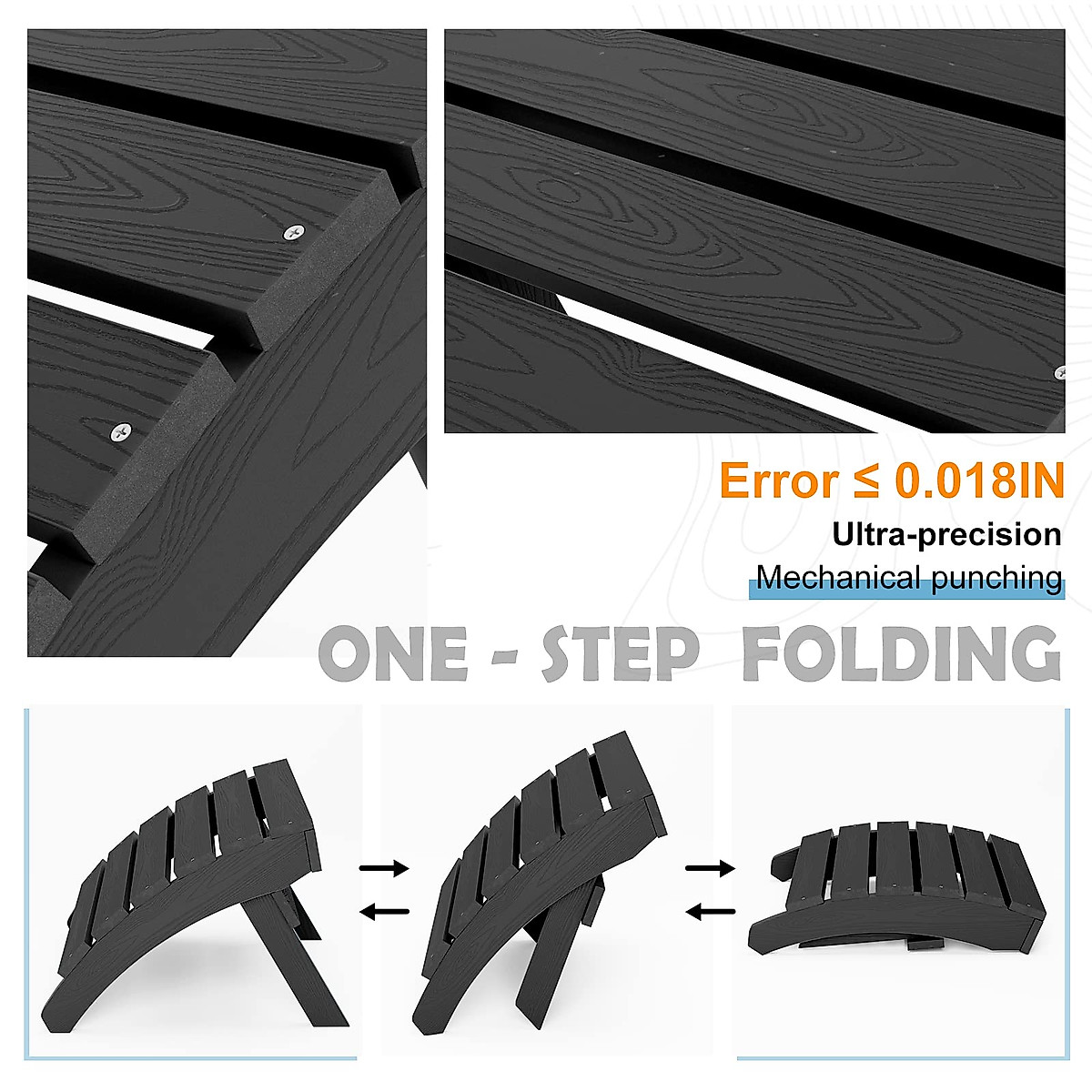 MXIMU Folding Adirondack Ottoman, Plastic Adirondack Footstool, Premium All Weather Ottoman for Adirondack Chairs, Wide Use in Backyard, Garden, Lawn, Porch, Poolside (Black)